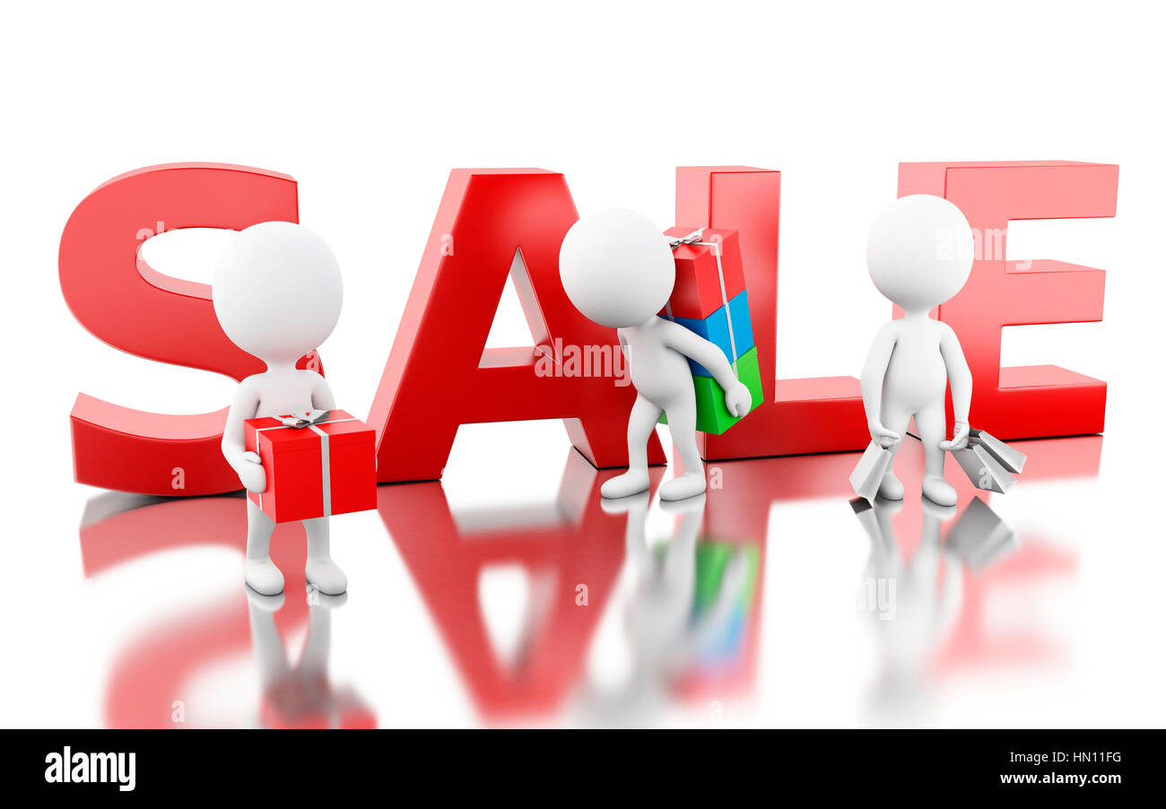 3D Illustration. White people with gift boxes and word SALE. Shop and ...