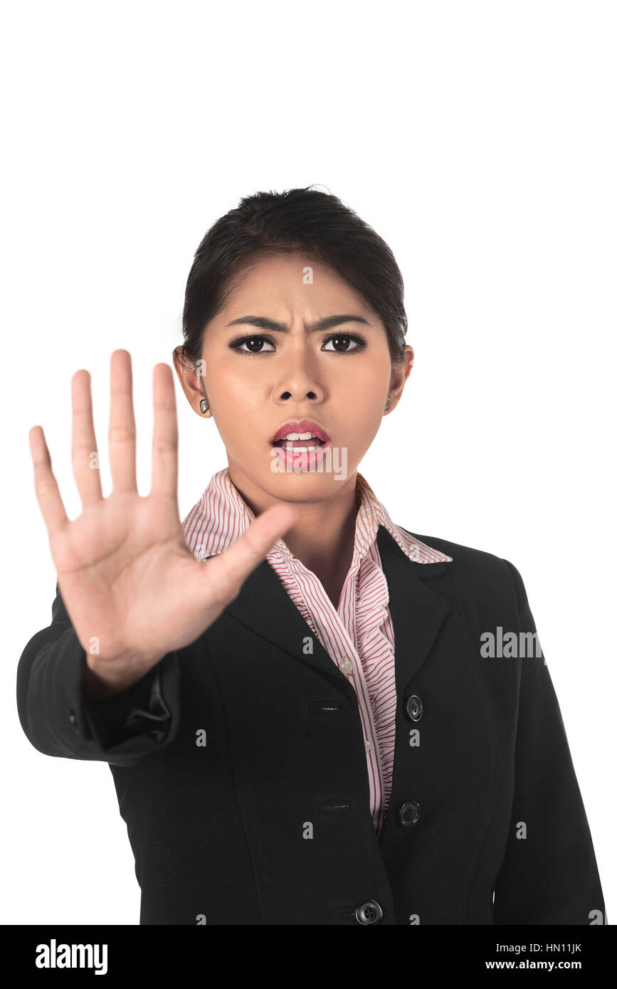 Young asian business woman showing not gesture isolated over white ...
