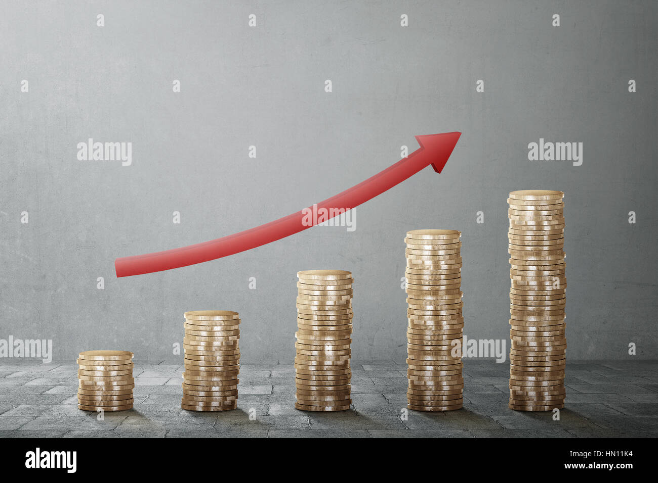 Coin stack with red arrow chart rise on grey background Stock Photo - Alamy