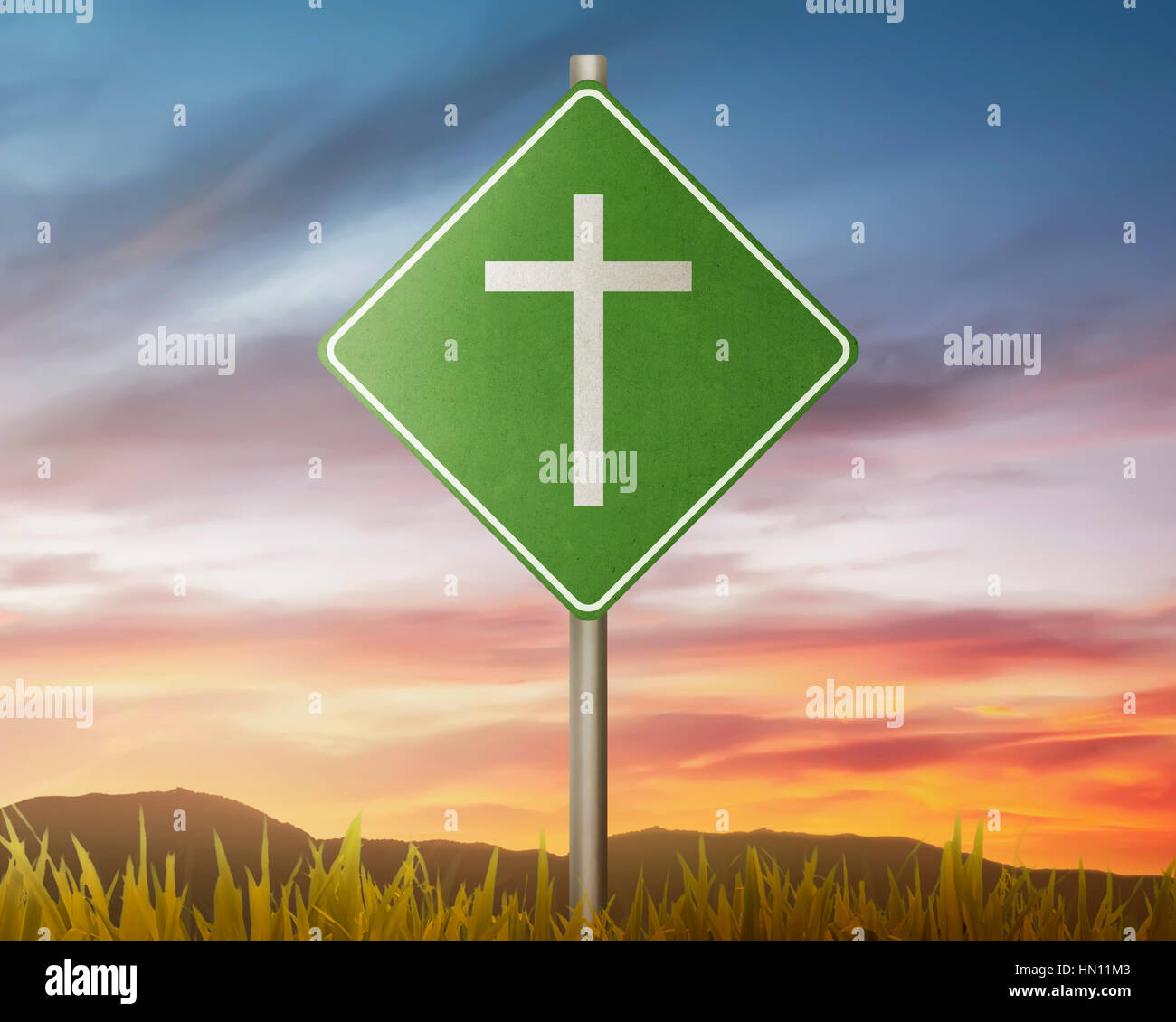 Traffic road with christian cross with sunset background Stock Photo ...