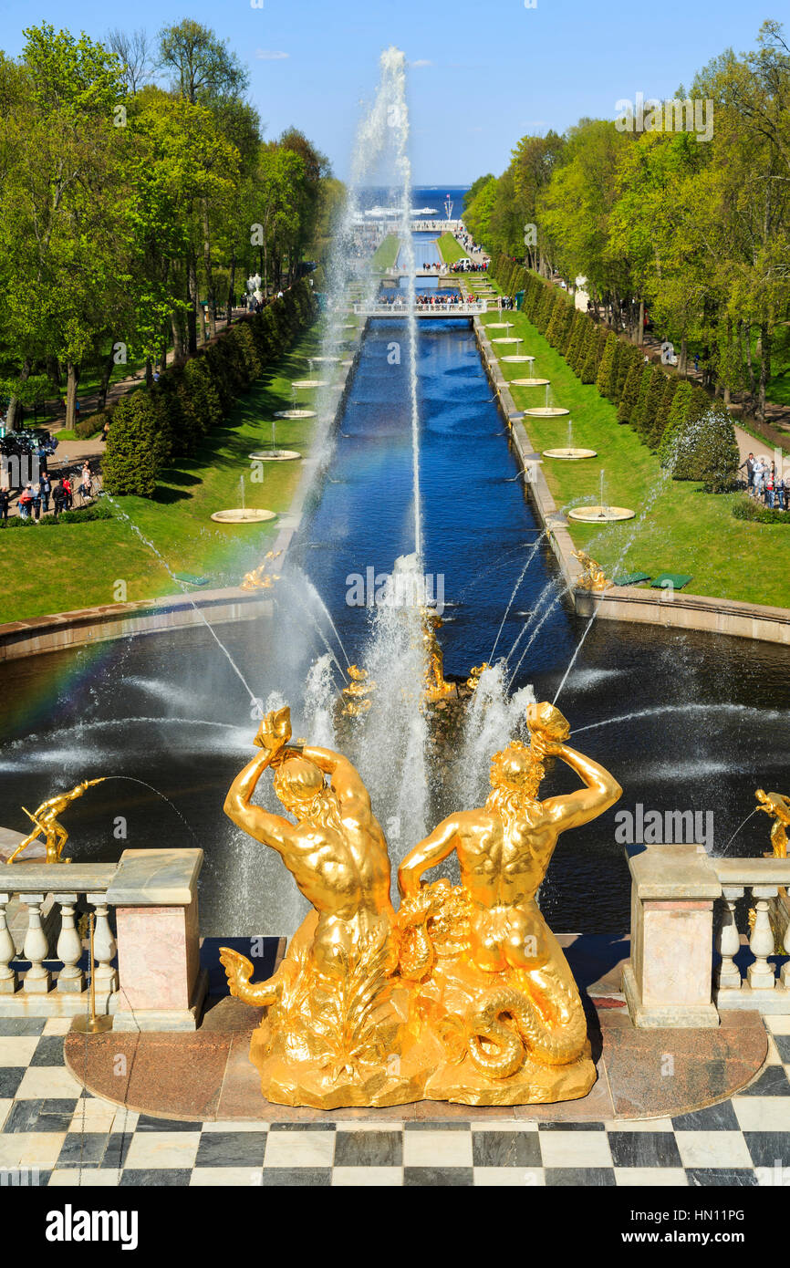 samson statues and fountains with view down to the baltic, Peterhof, St ...