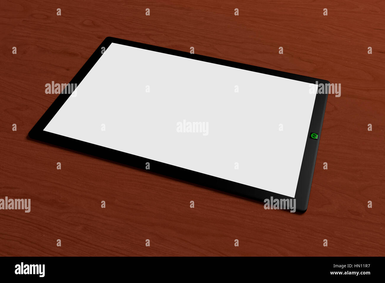 tablet with a blank white screen on the wooden table, 3d rendering ...