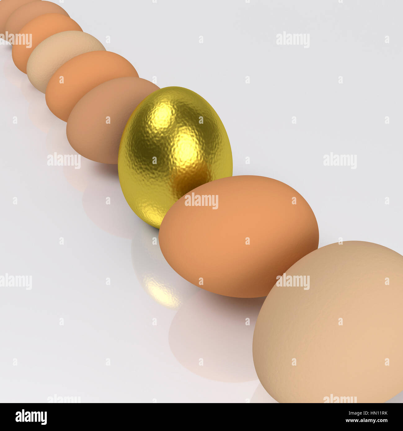 row of the recumbent eggs and one standing golden egg, 3d rendering ...