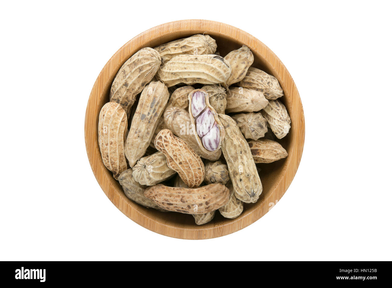 Top view groundnut in wooden bowl isolated on white background with ...