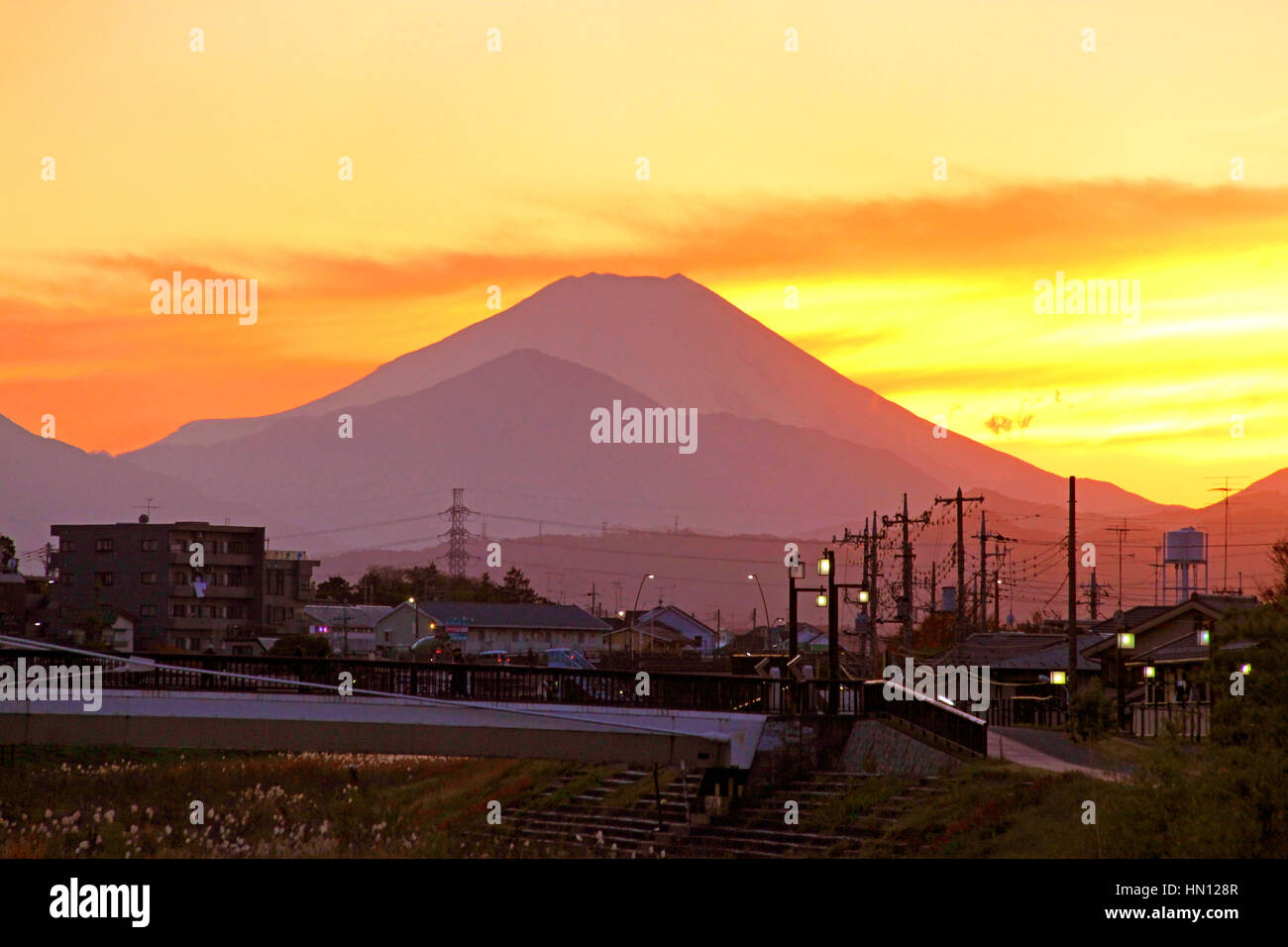 Mount Fuji evening view at river bank Asakawa Hino city Tokyo Japan ...
