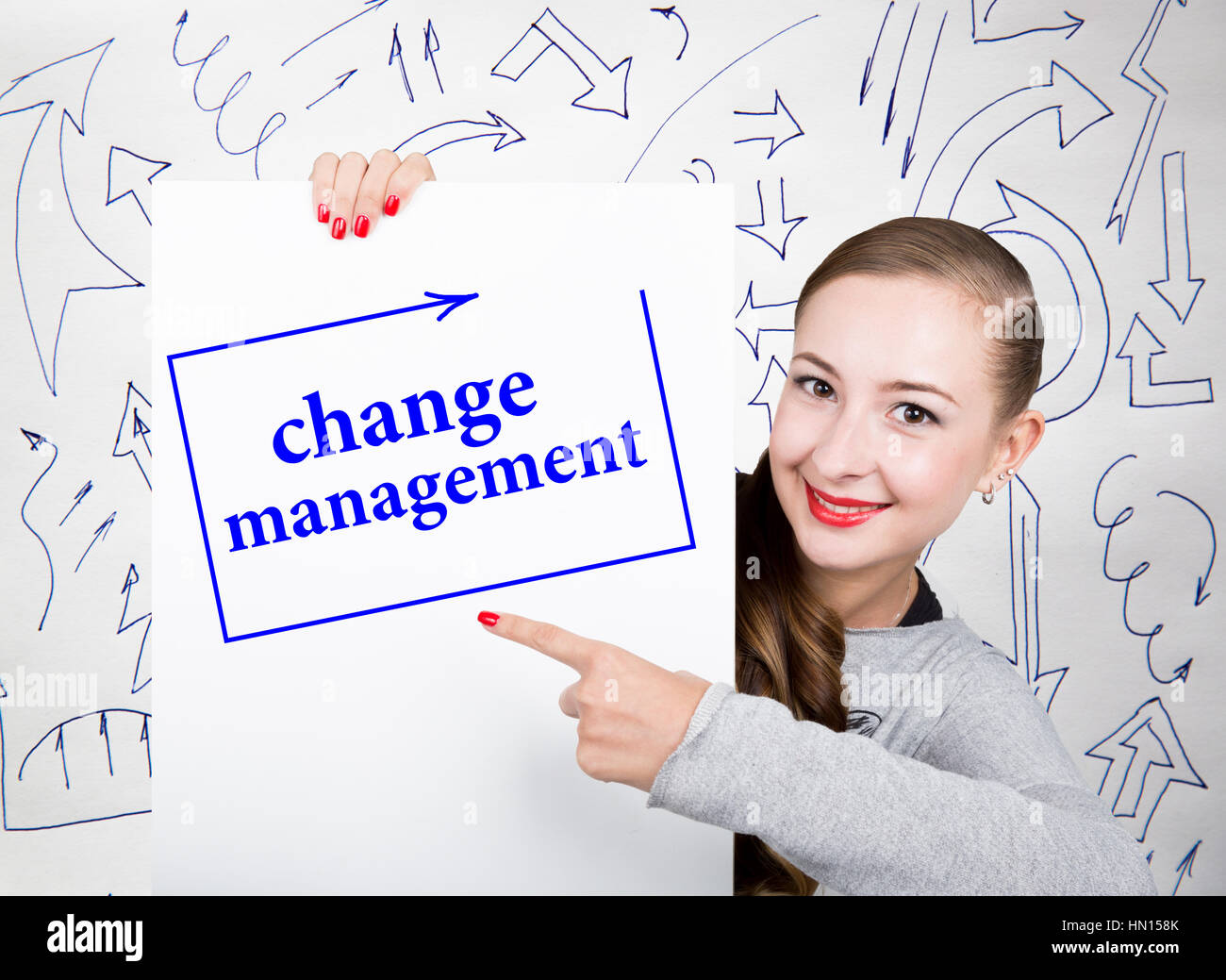 Young woman holding whiteboard with writing word: change management ...