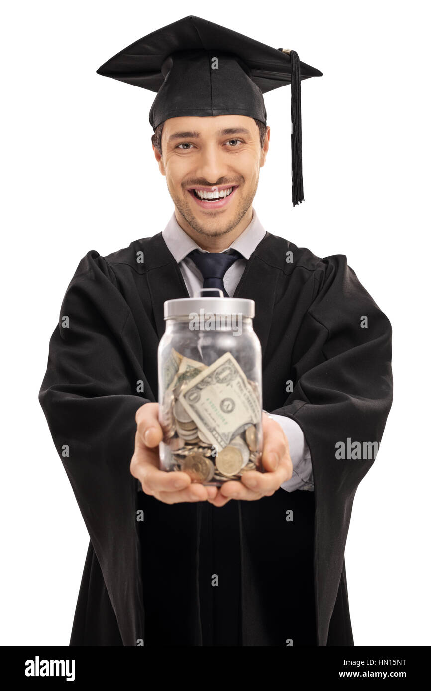 Happy graduate student with a jar filled with money isolated on white ...