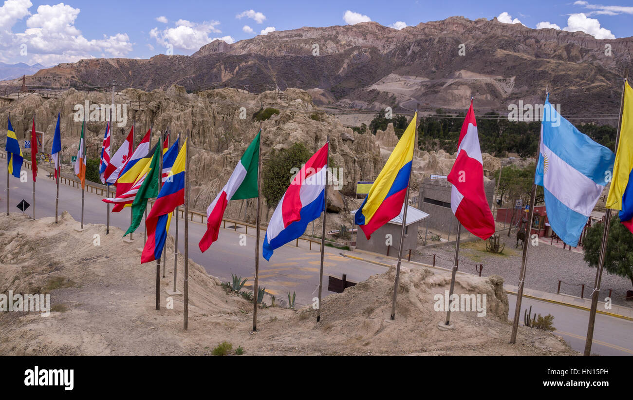 Various international flags at Valle de la Luna, La Paz, Bolivia Stock ...