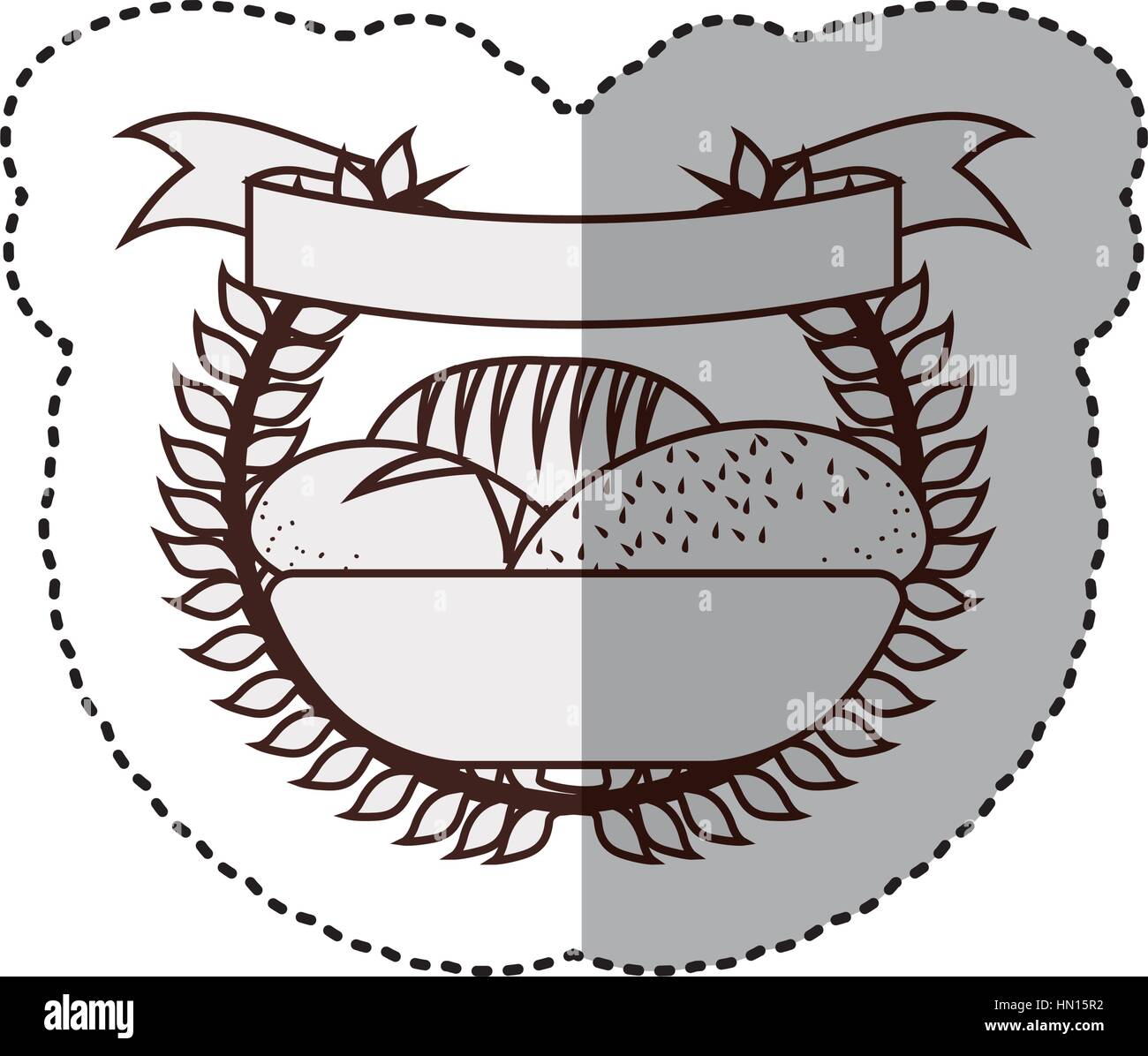 monochrome contour sticker with olive crown and ribbon and breads in ...
