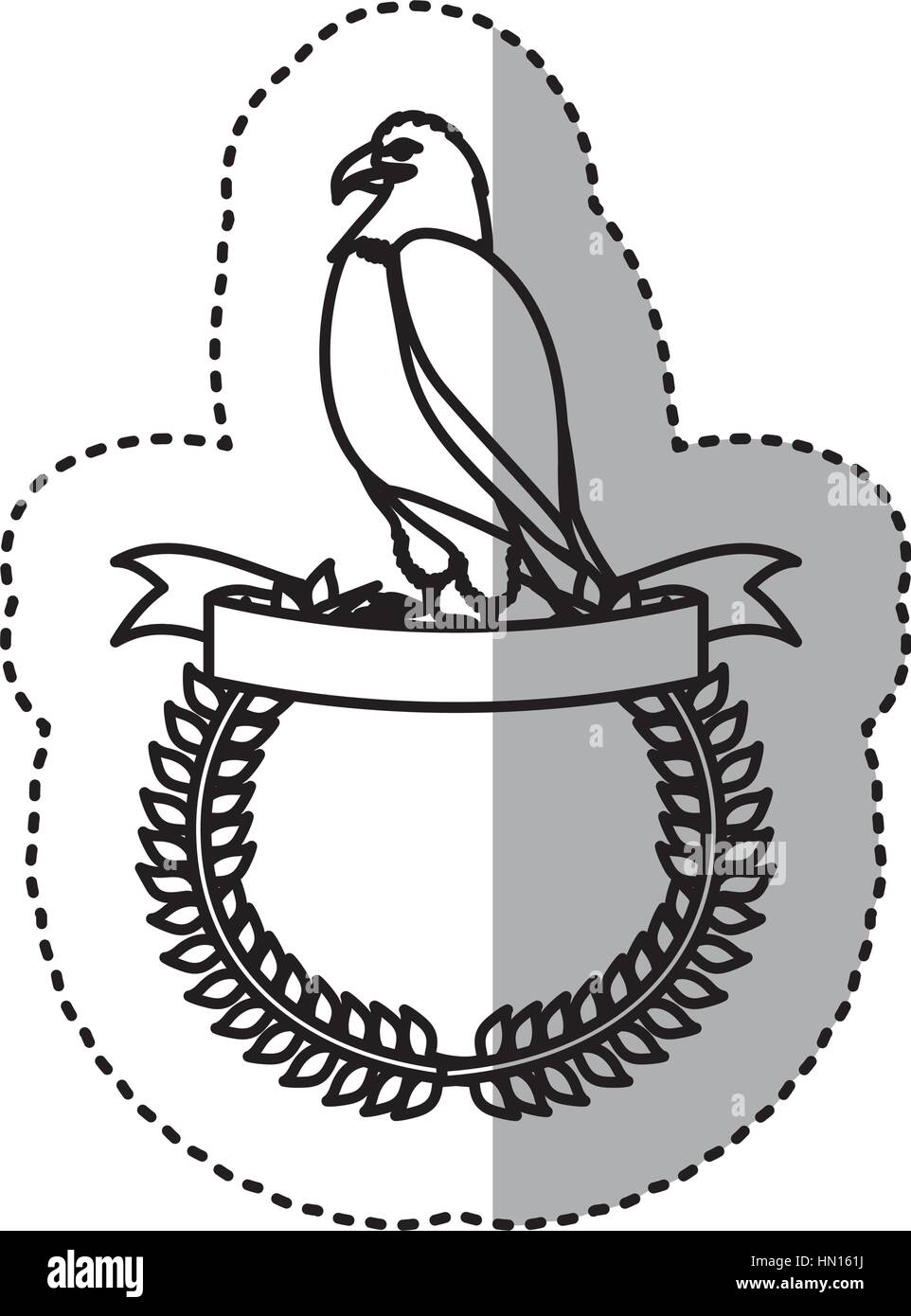 sticker monochrome contour with round frame with eagle flying over ...