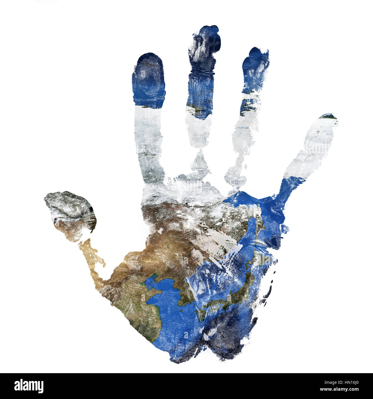 Real hand print combined with a map of China Korea and Japan. Elements ...