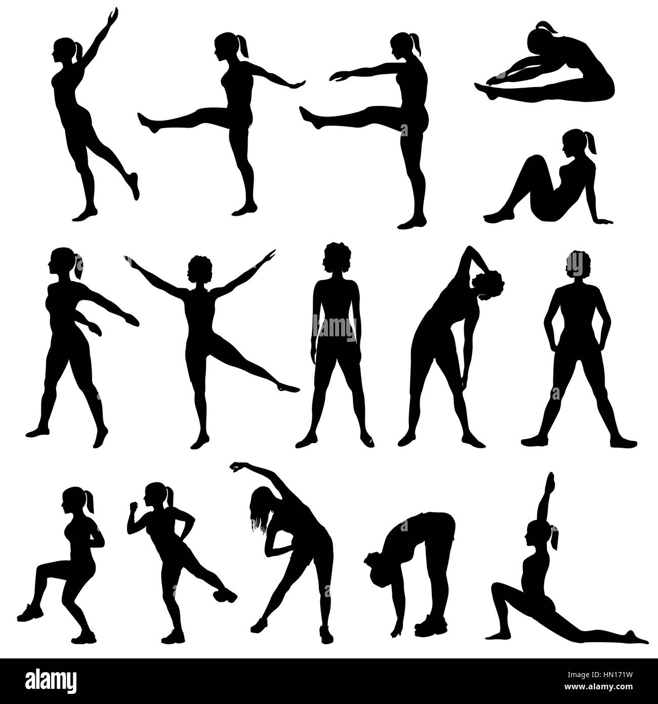 Elegant women silhouettes doing fitness exercises. Fitness club icon ...