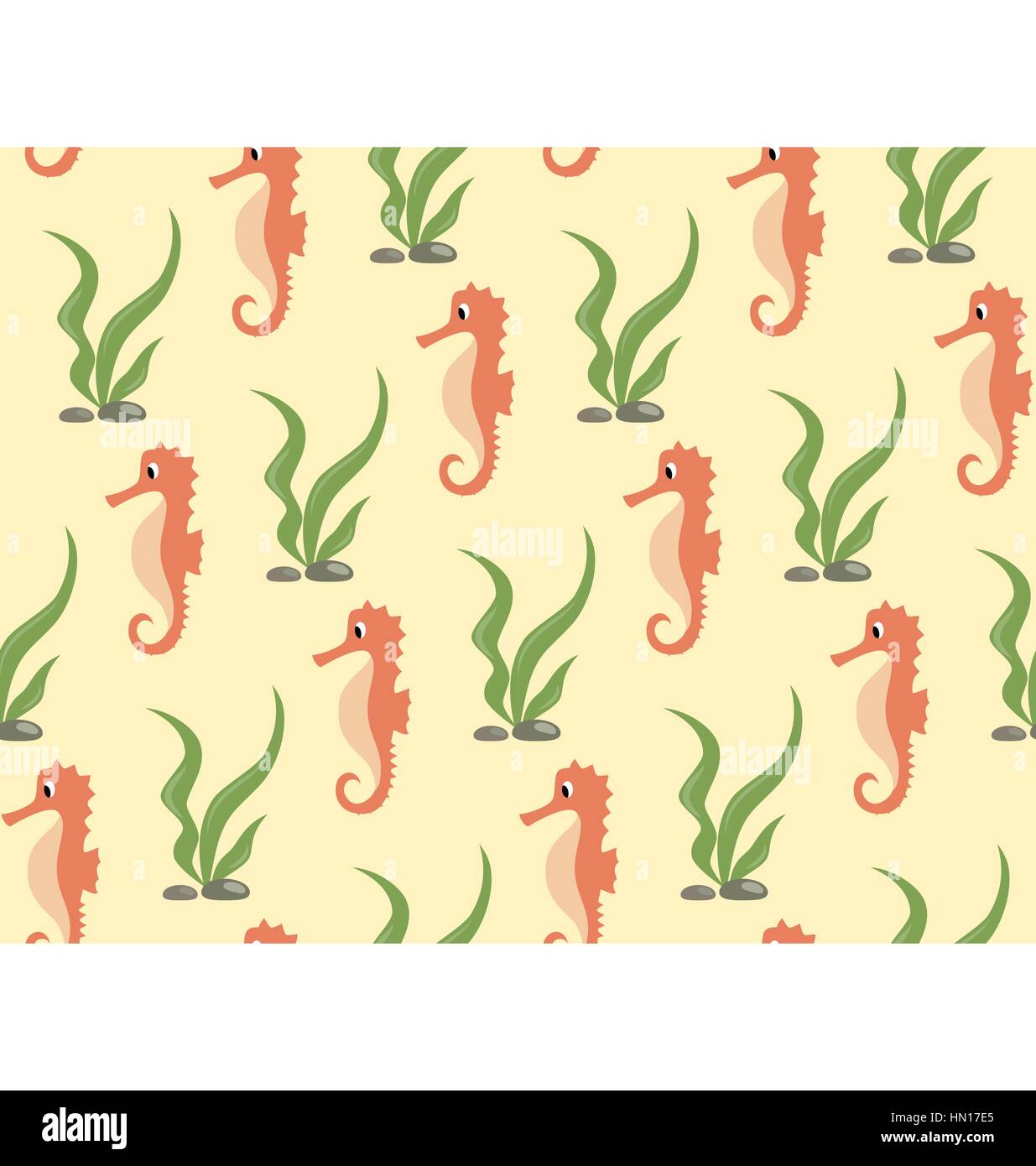 Seamless sea pattern. Orange seahorse and green algae on yellow Stock ...