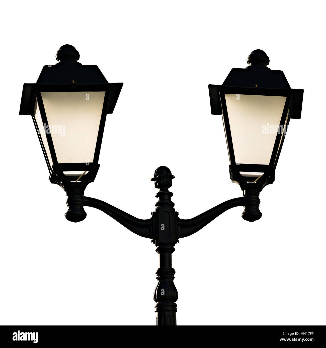 Decorative street light with two stylish lamps isolated on white ...