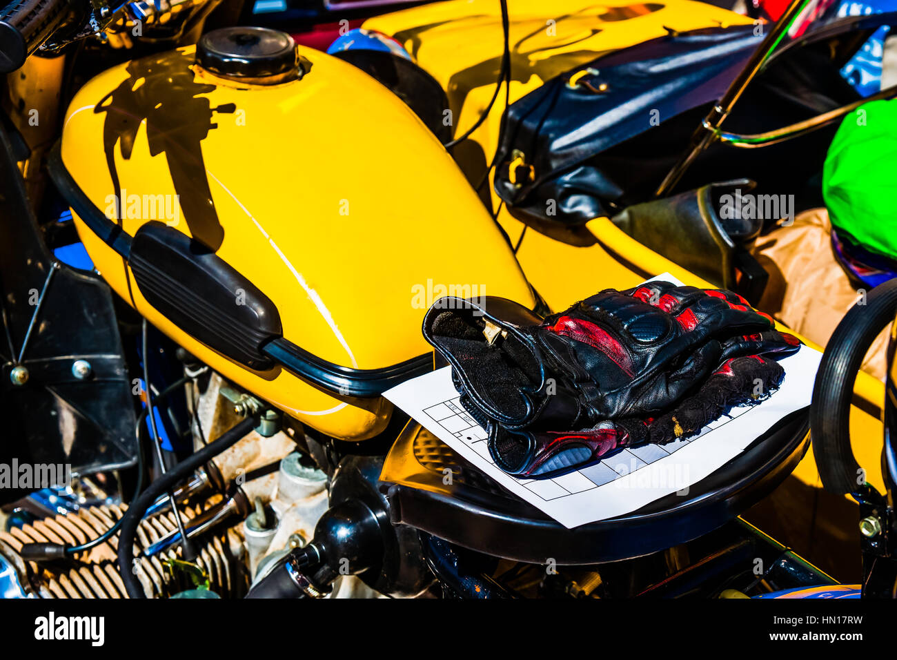 Color and beauty of vintage cars. Fuel tank, motor of an old yellow ...