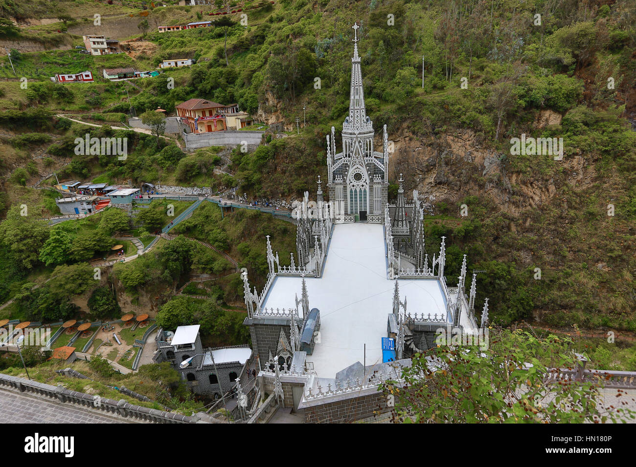 the cross shaped roof of Las Lajas sanctuary seen from the top Stock ...