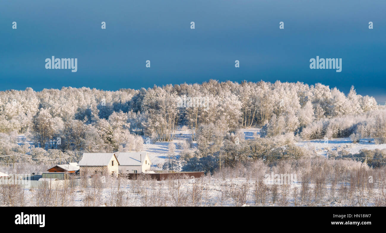Fabulous winter forest covered with snow and village houses Stock Photo ...