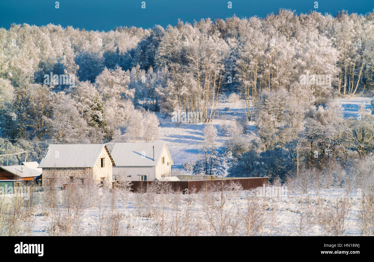 Fabulous winter forest covered with snow and village houses Stock Photo ...