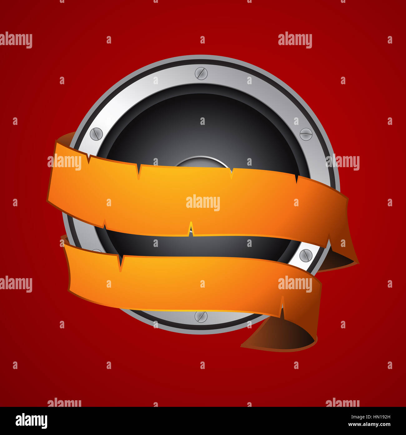 Loudspeaker Wrapped in a Vintage Yellow Banner Over Red Background ...