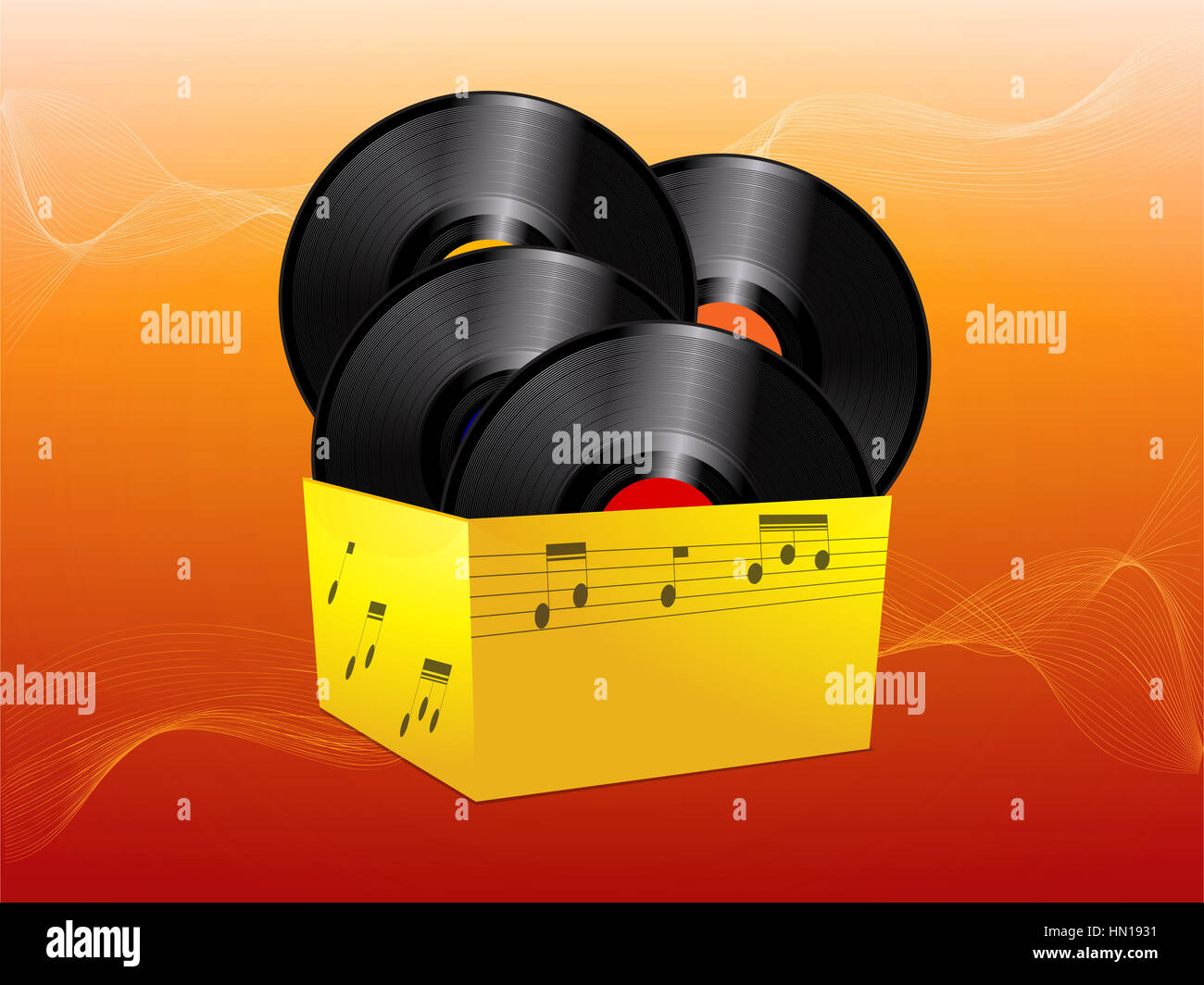 3D Illustration of Vinyl Records in a Yellow Box Over Red and Orange ...