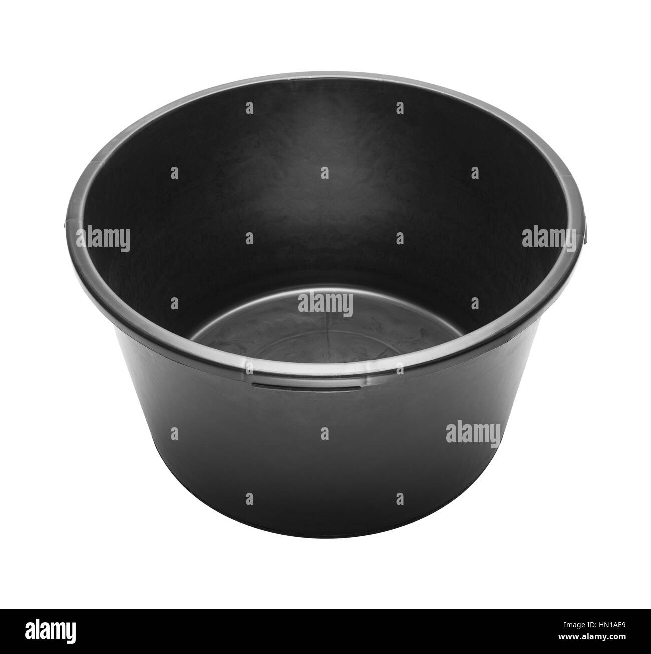 Round heavy duty black plastic basin for construction works. Isolated ...