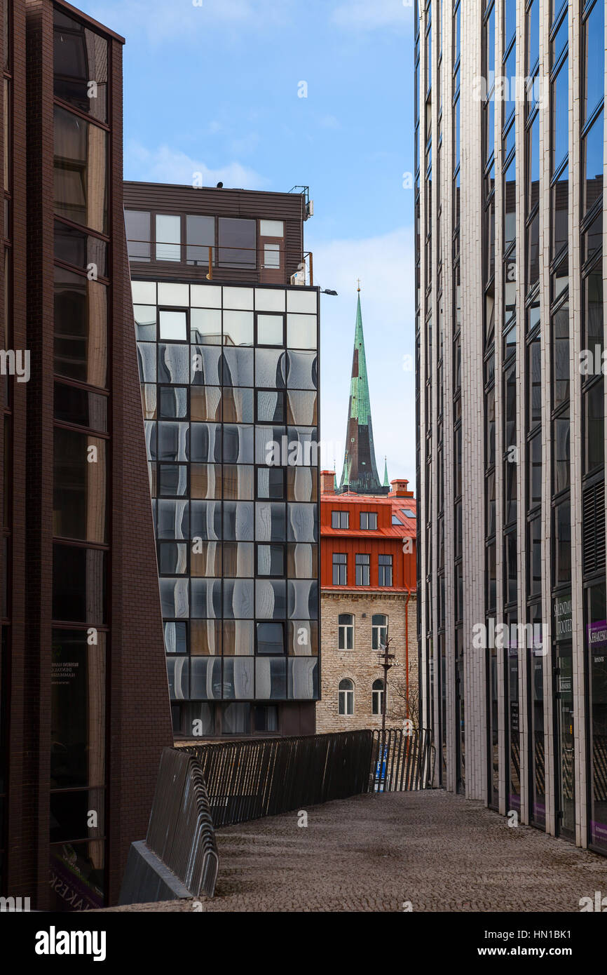 Architecture of Rotermann quarter in Tallinn and Oleviste tower Stock ...