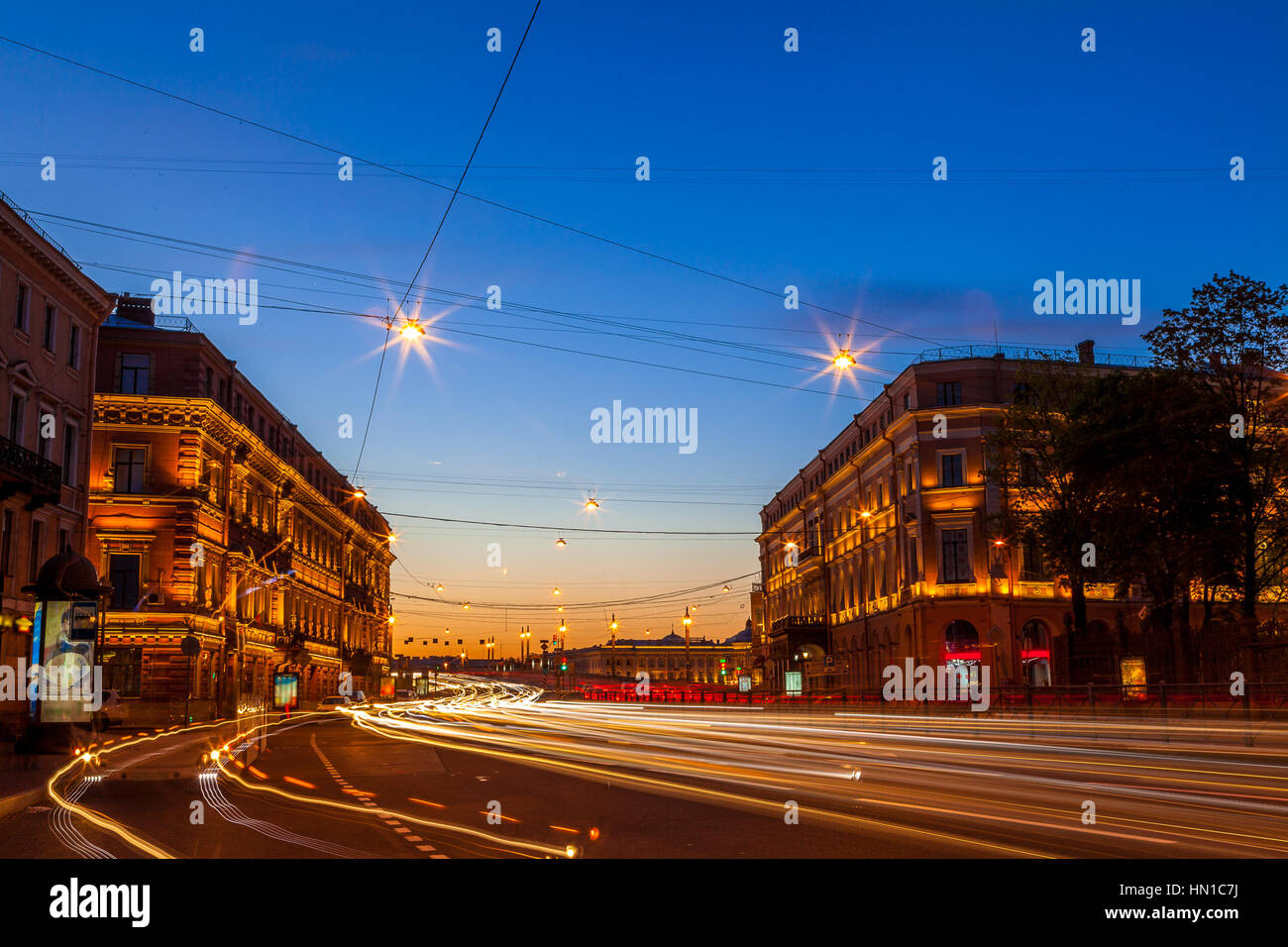 Deep white night in Saint Petersburs. Night view of city traffic with ...