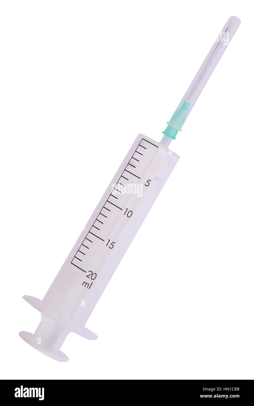 A simple plastic syringe with hypodermic needle on white background ...