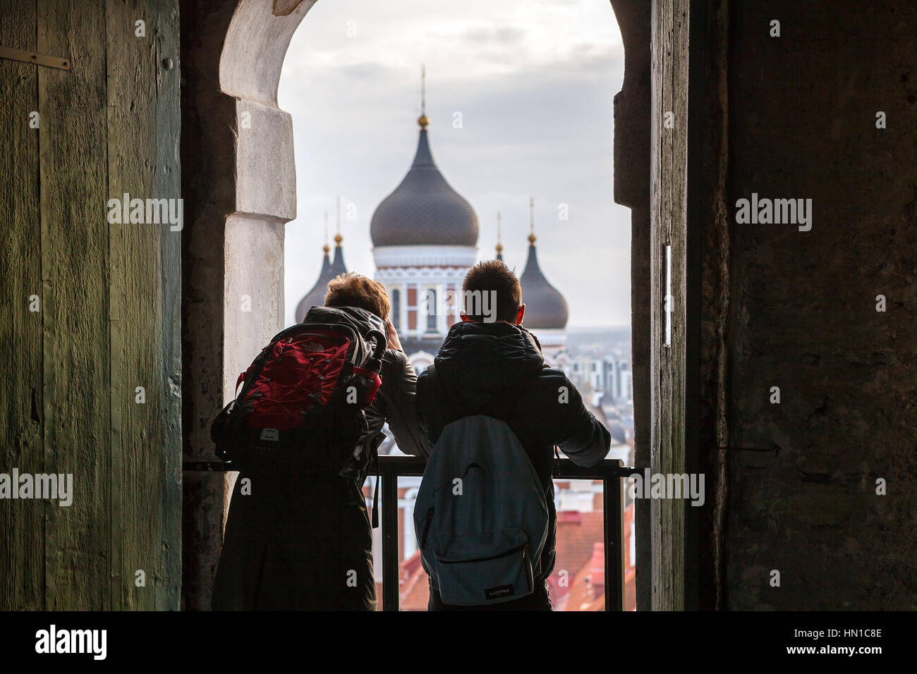 TALLINN, ESTONIA - 14 NOV 2015. Two teenagers make insta photo of ...