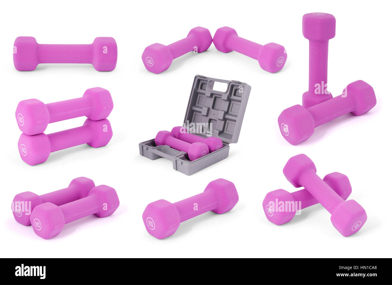 Eight pink dumbbells in hand. Isolated on white background with soft ...