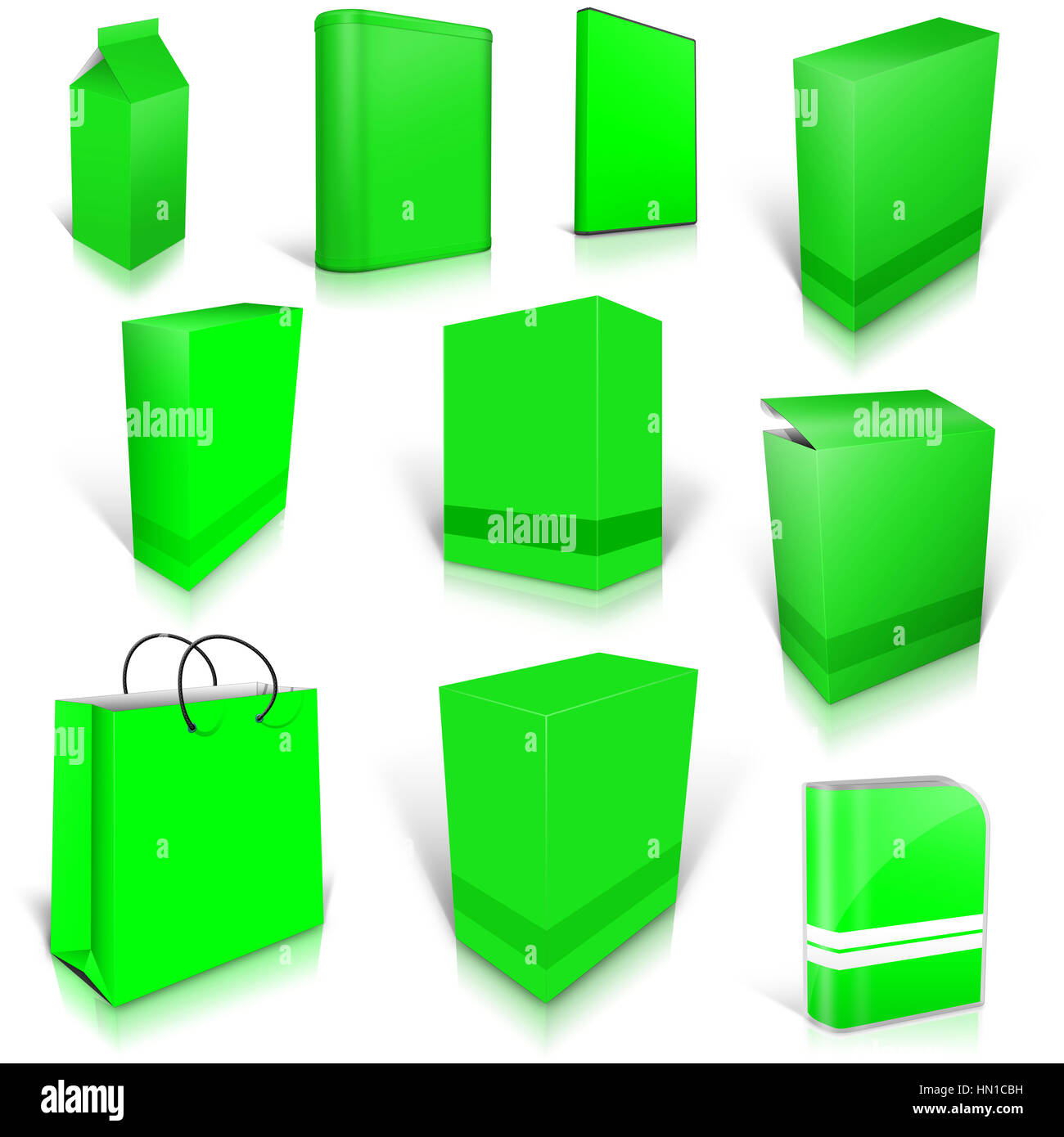 Ten green blank boxes isolated on white background ready to be ...