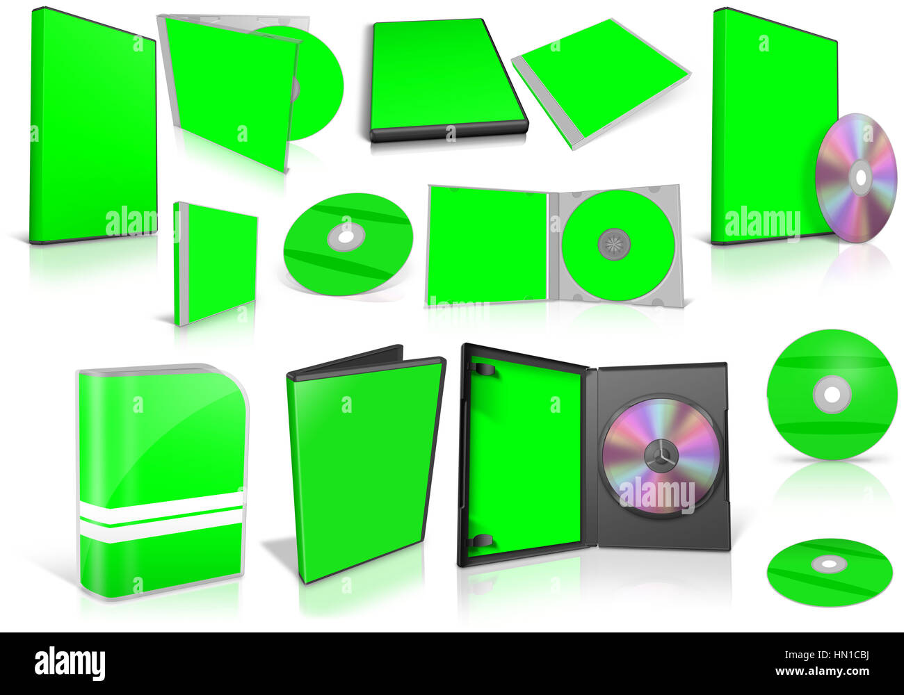 Green multimedia disks and boxes on white background. Ready to be ...