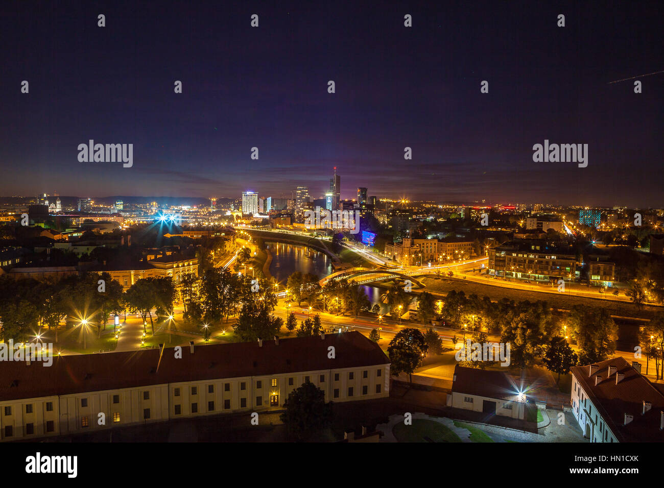 Vilnius city night aerial view - Lithuanian capital by bird eye Stock ...