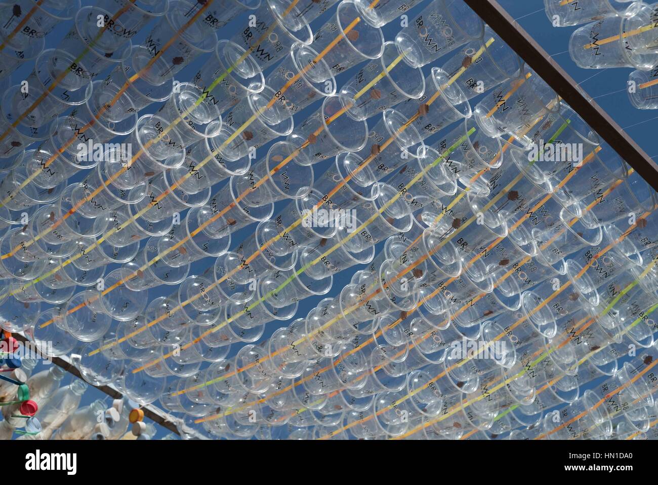 Recycled decorative canopy made from used plastic cups at the Coconut ...