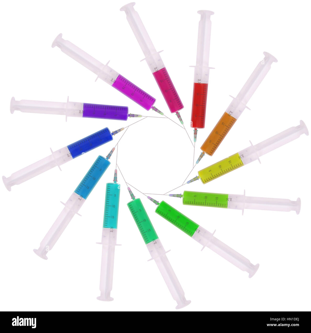 Syringe with medicine multicolored on white. Located circumferentially ...