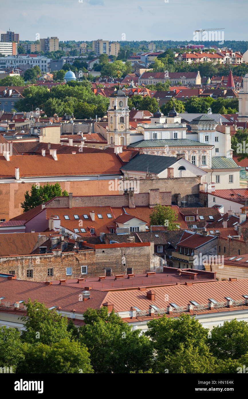 Bird's eye view of Vilnius, Lithuania. Red roofs of churches in old ...