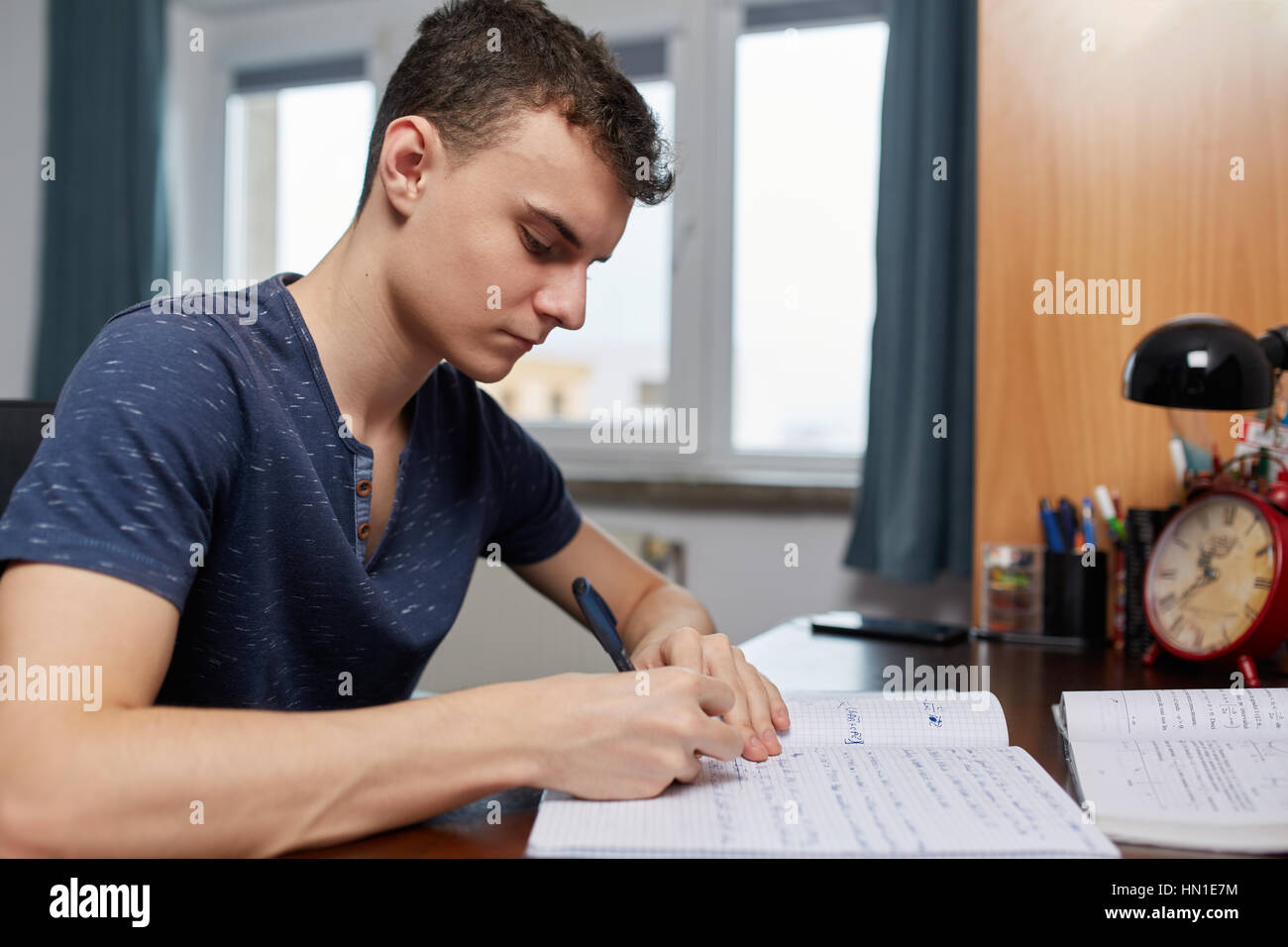 Teenage boy doing homework with the help of computer Stock Photo - Alamy