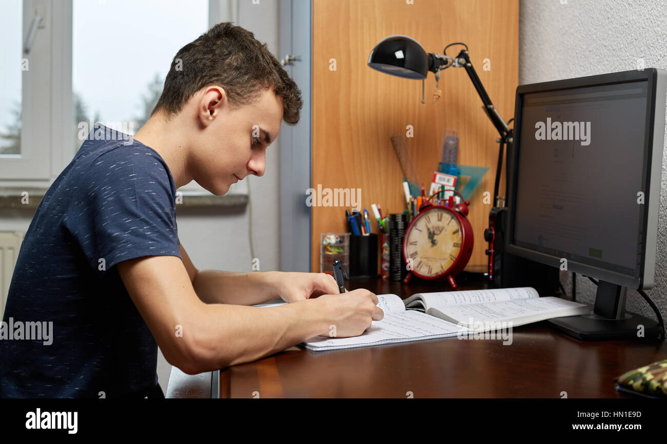 Teenage boy doing homework with the help of computer Stock Photo - Alamy
