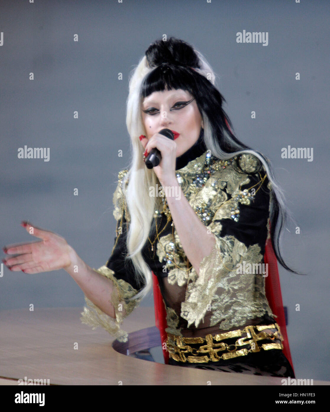 Lady Gaga performs during a television interview with French TV's Canal ...