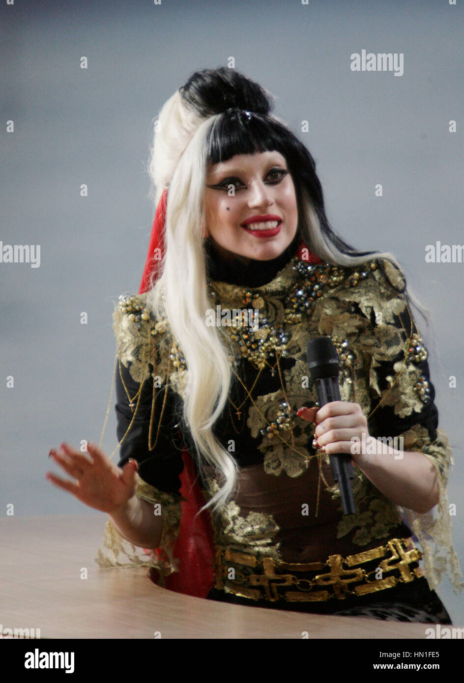Lady Gaga performs during a television interview with French TV's Canal ...