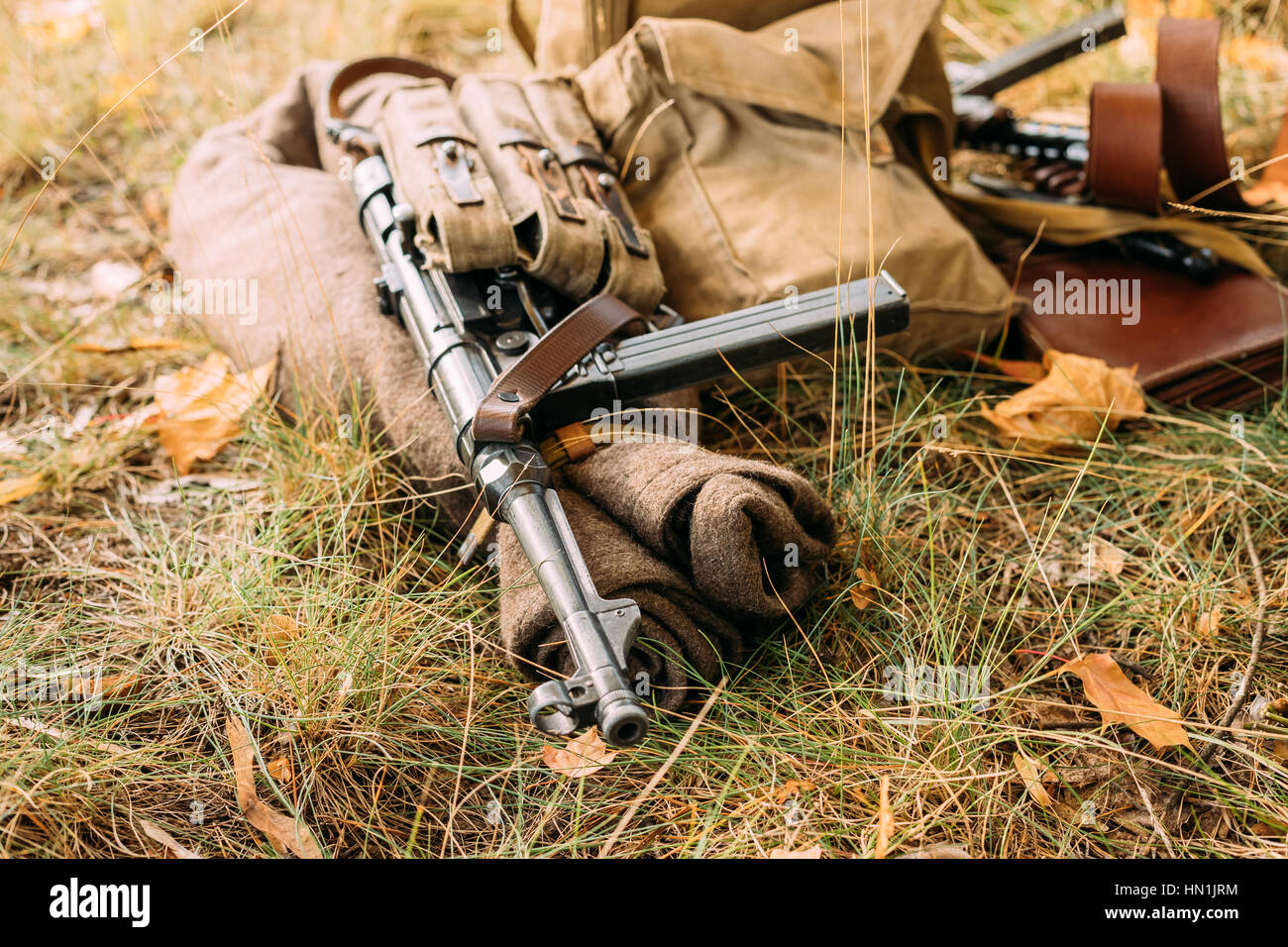 German Wehrmacht sub-machine gun of World War II MP 40 on ground. The ...