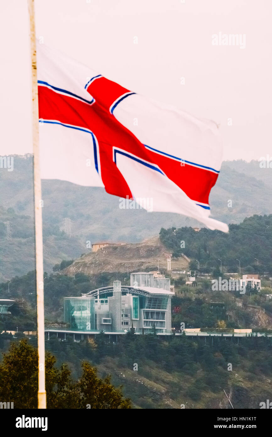 Flag Of The Georgian Orthodox Church Over The Complex Of Buildings ...