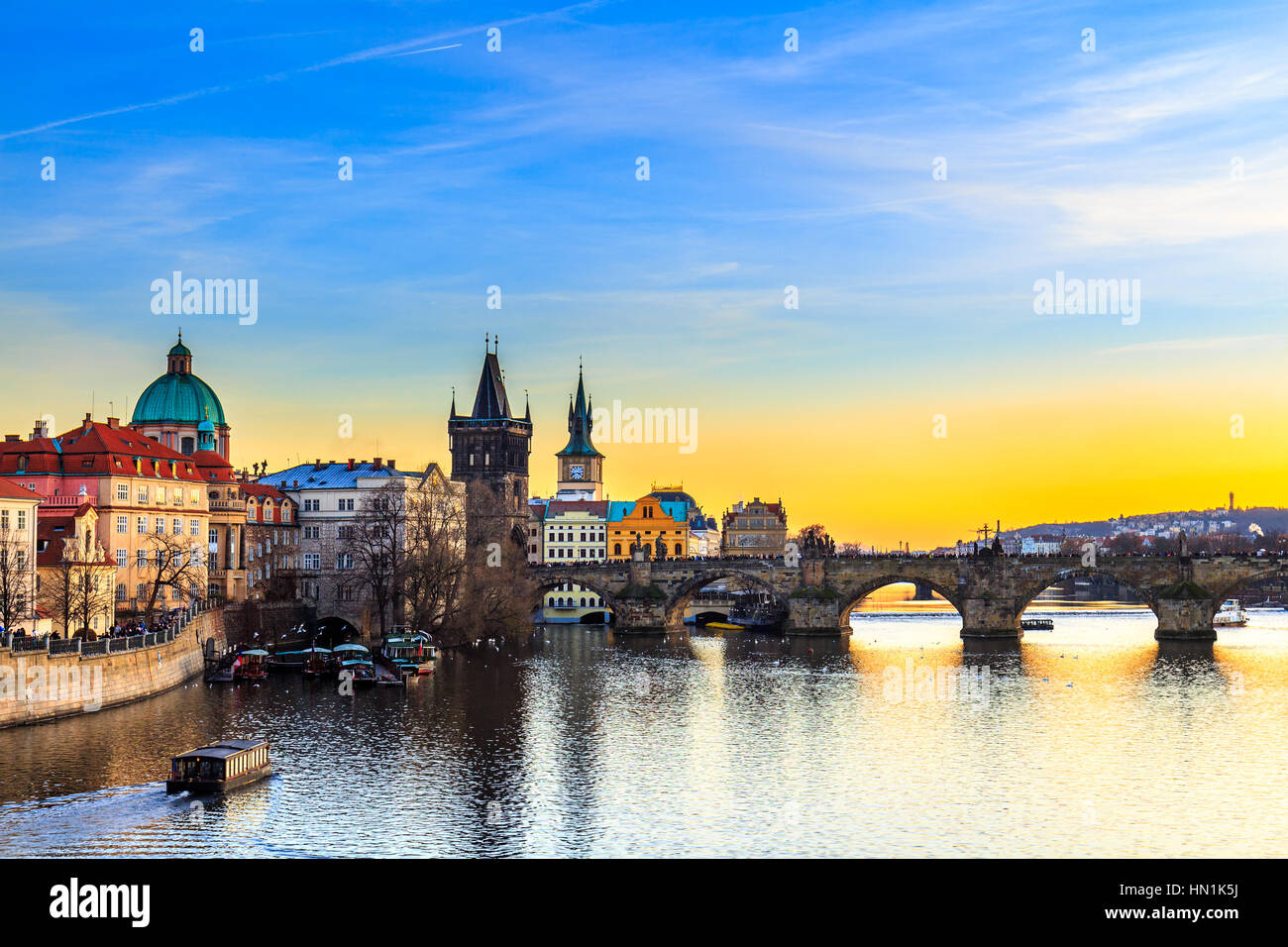 Beautiful view with Famous Charles Bridge, tower and Vltava river ...