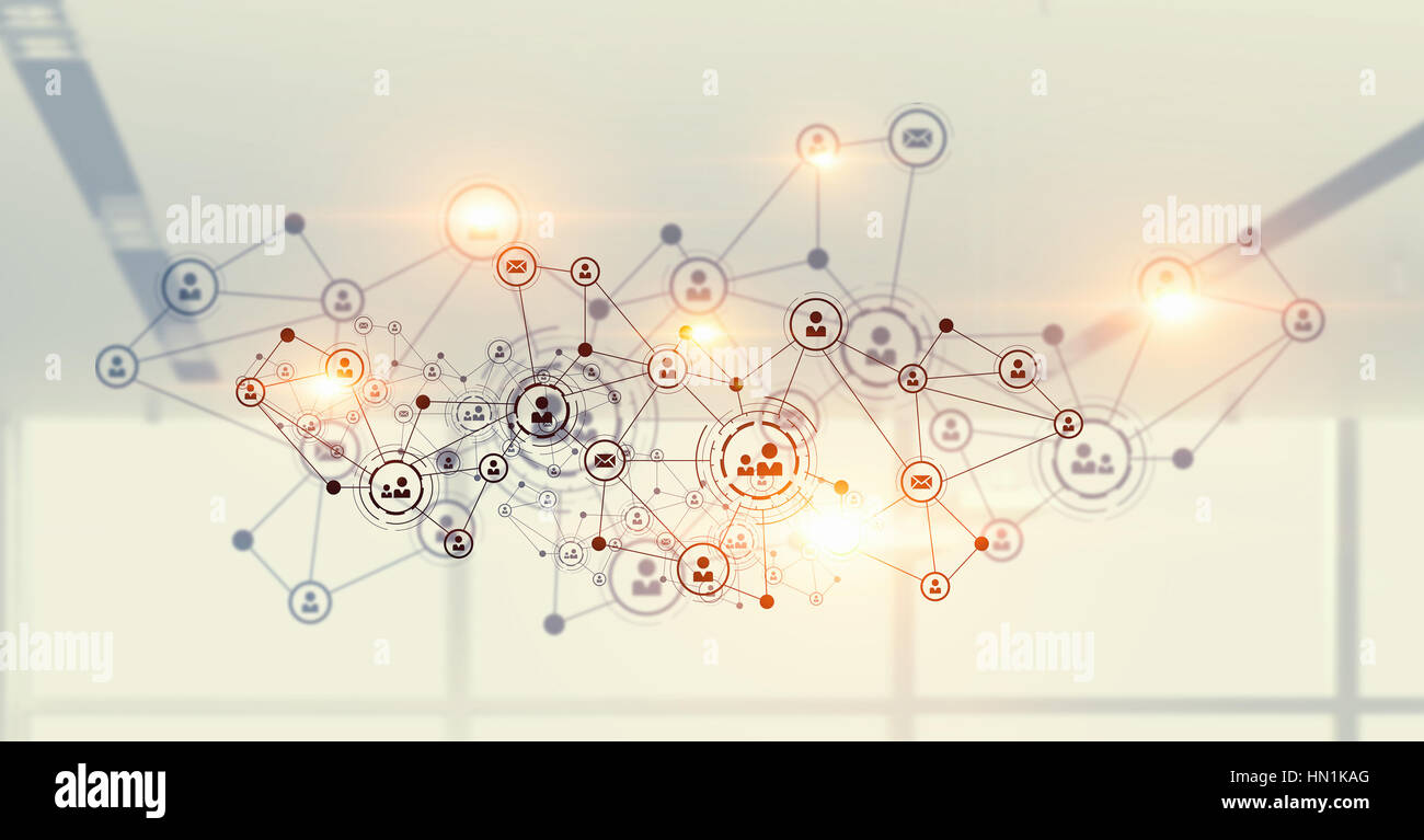 Office interior and social connection lines as networking concept ...