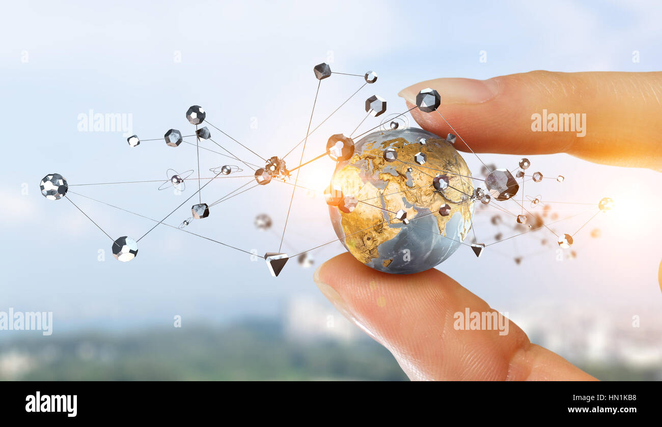 Female hand holding Earth planet presenting connection technologies ...