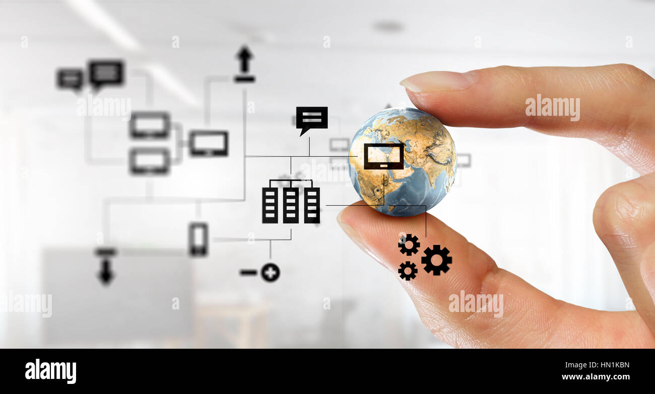 Female hand holding Earth planet presenting connection technologies concept. Elements of this ...