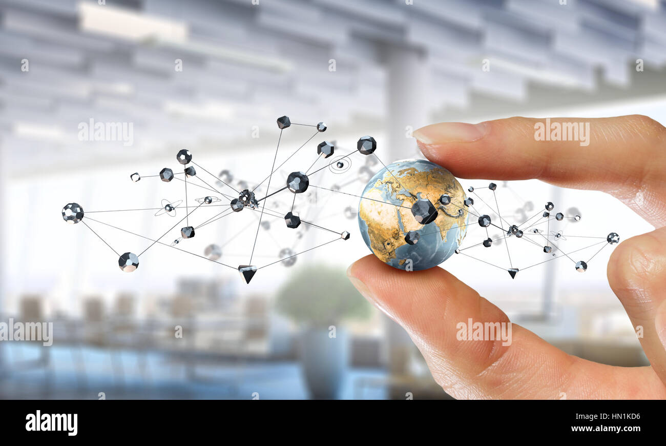 Female hand holding Earth planet presenting connection technologies ...