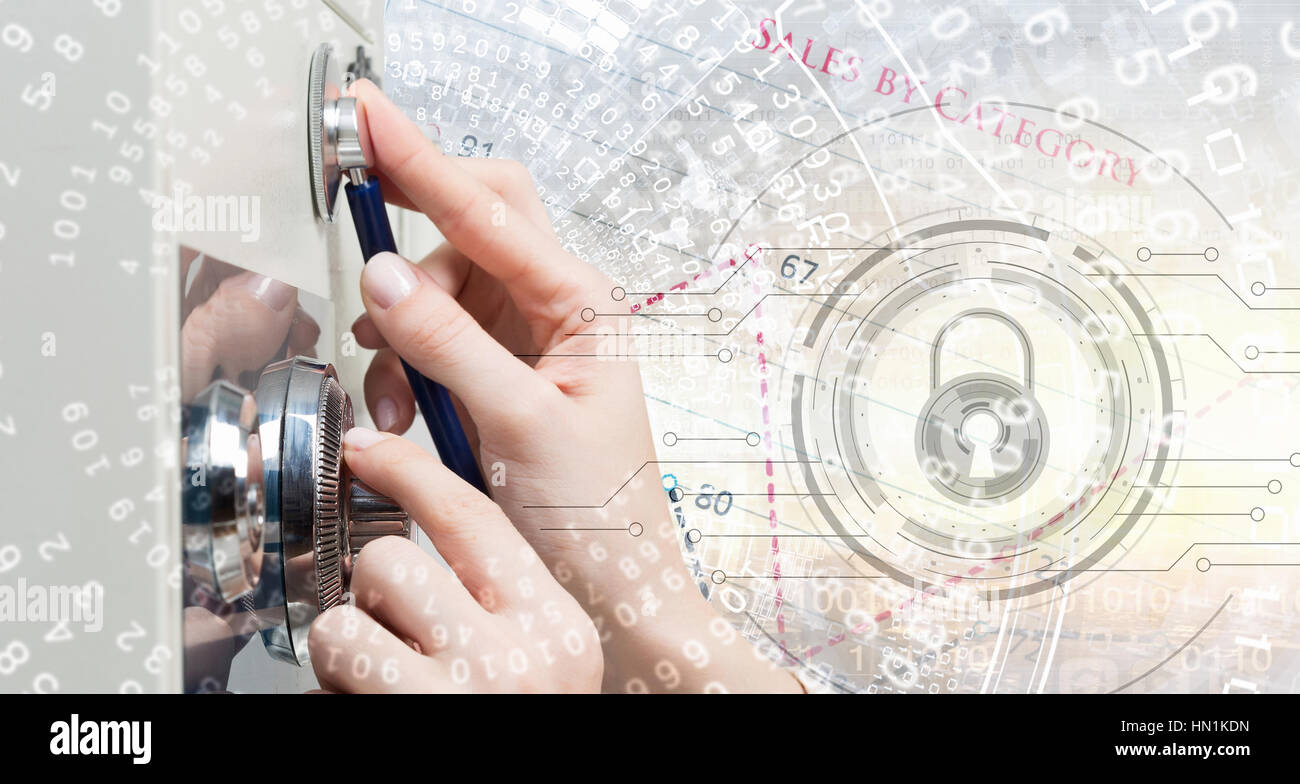 Hands of businesswoman dialing code on safe lock Stock Photo - Alamy