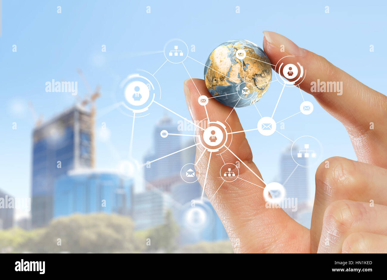 Female hand holding Earth planet presenting connection technologies concept. Elements of this ...