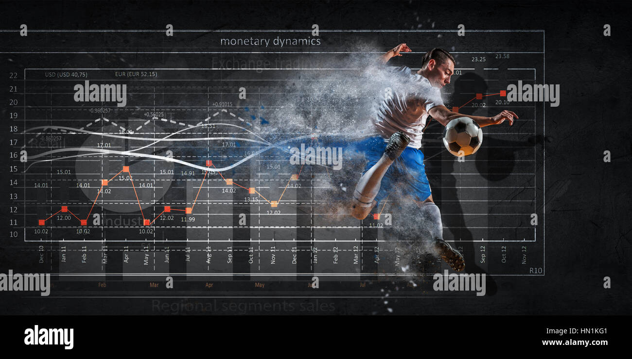Football player kicking ball and graphs at background. Mixed media ...